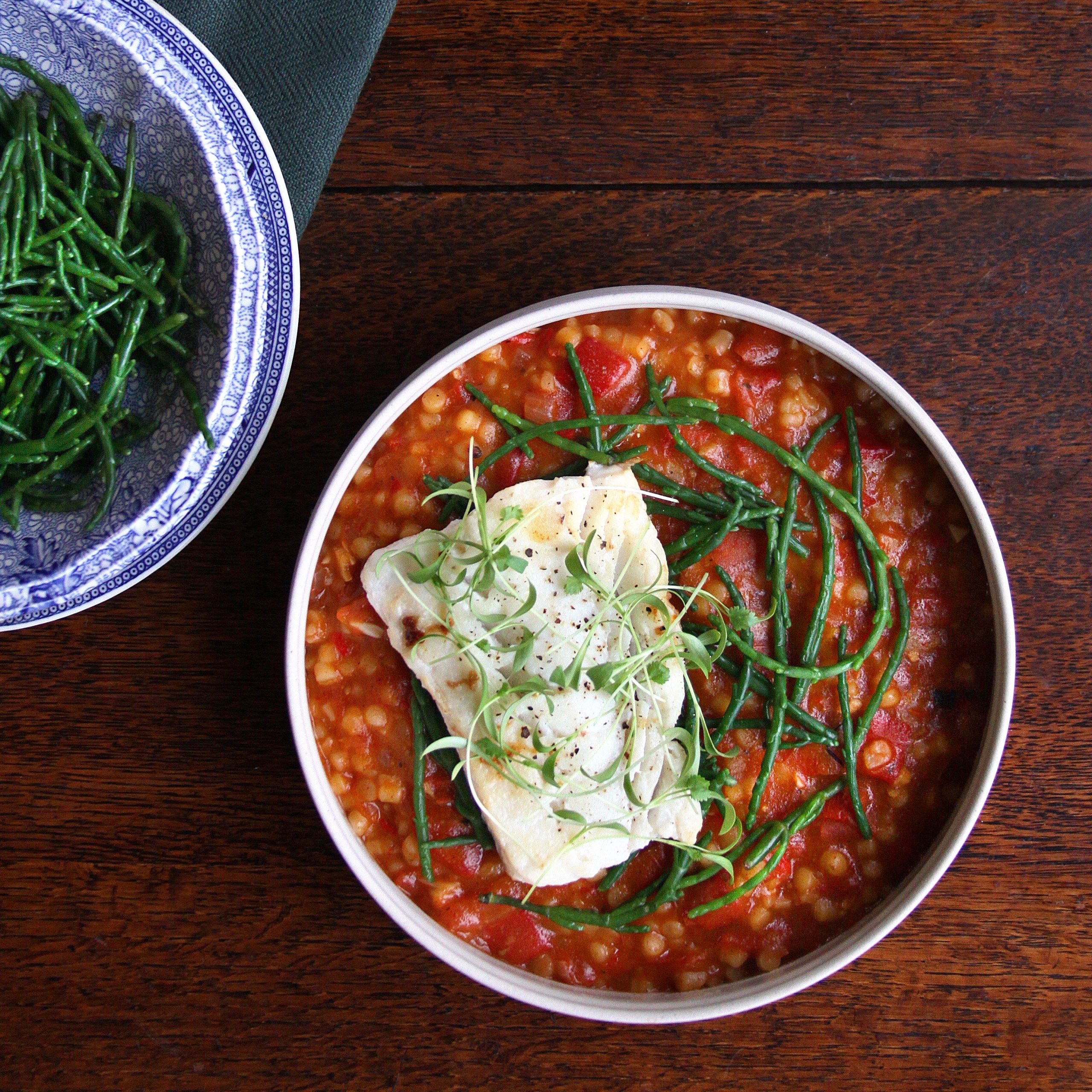 Cod, Samphire and Roasted Red Pepper Fregola - Foodie Luce